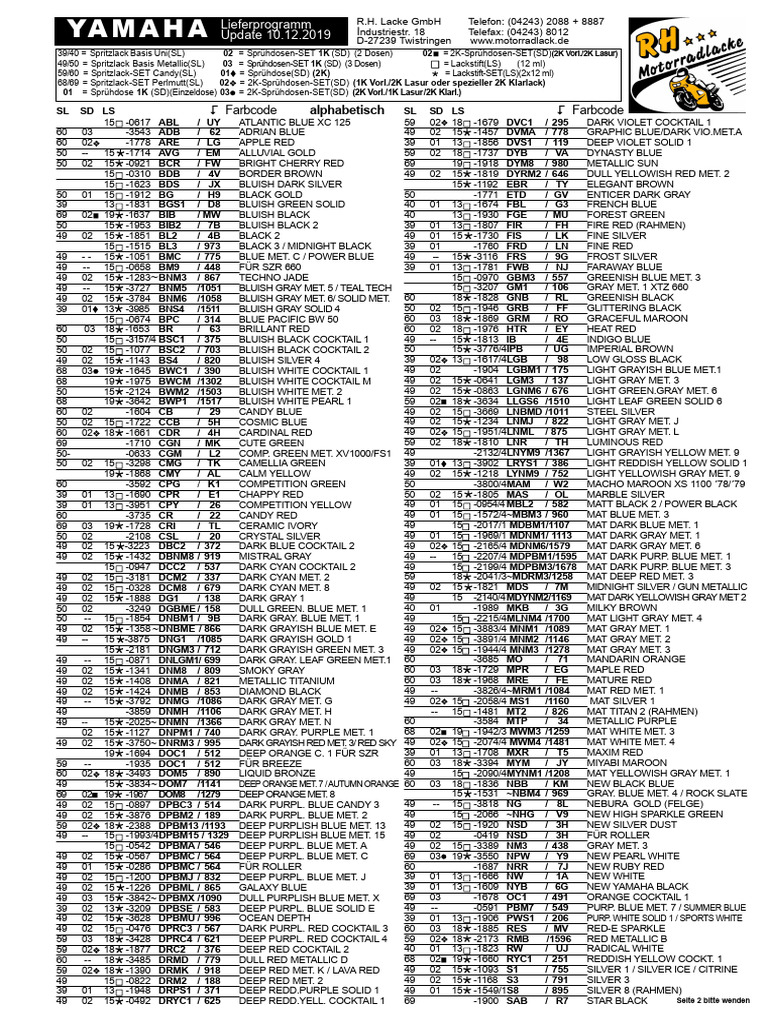 Yamaha Farvekoder | PDF | Vision | Color