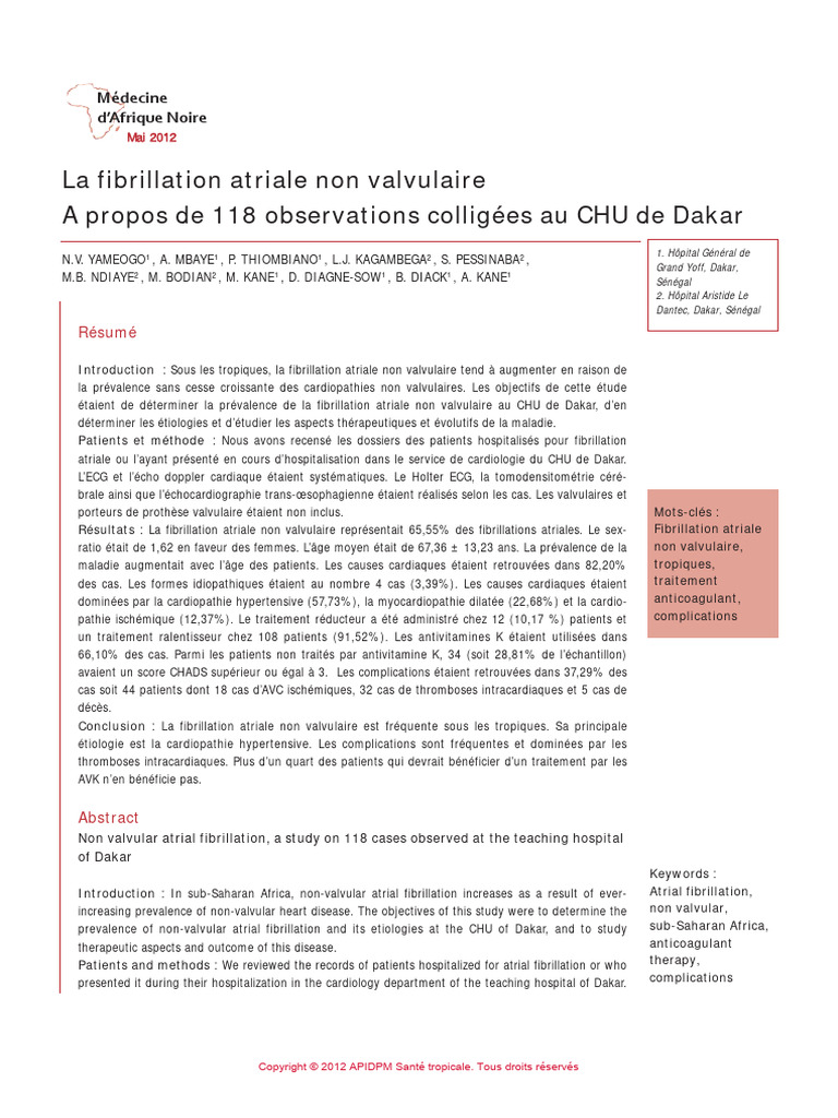 La Fibrillation Atriale Non Valvulaire A Propos de 118 Observations ...