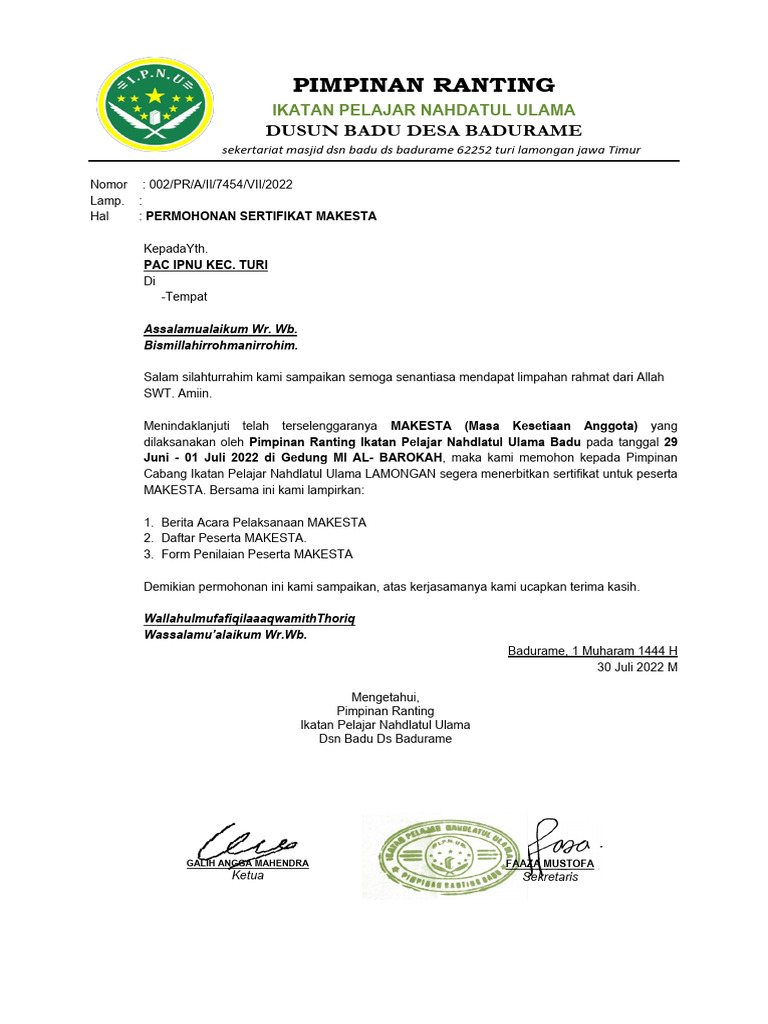 Surat Pengajuan Sertifikat Makesta Ipnu Badu (Pac) | PDF