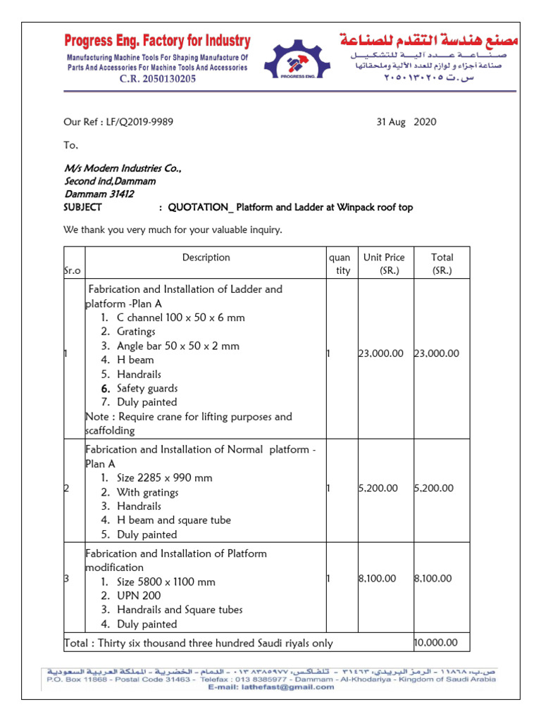 Quotation - Utility Platforms at Winpack Roof Top | PDF