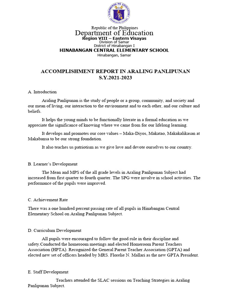 Aral. Pan Accomplishment Report | PDF | Teachers | Teaching