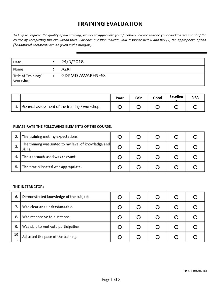 Training Evaluation Form | PDF | Evaluation | Cognition