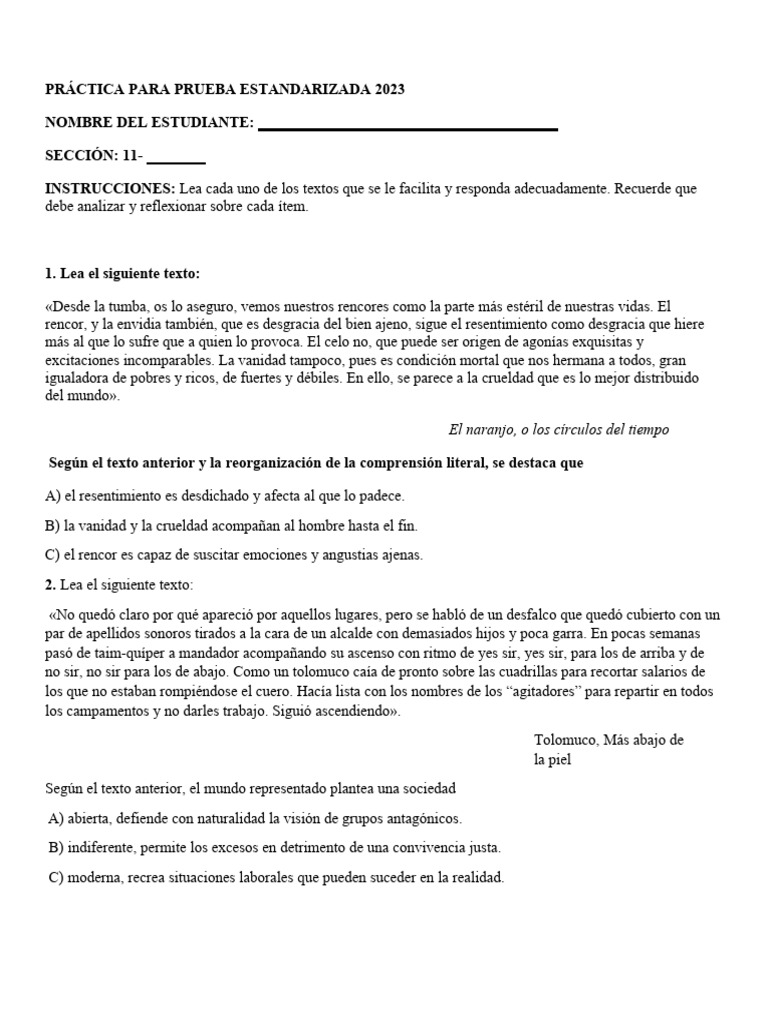 1 Práctica de Prueba Estandarizada 2023 | PDF | Jaguar | Movimiento ...