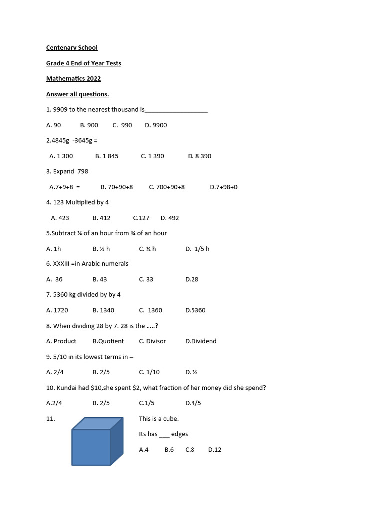 Final End of year Grade 4.Mathematics. | PDF | Division (Mathematics ...