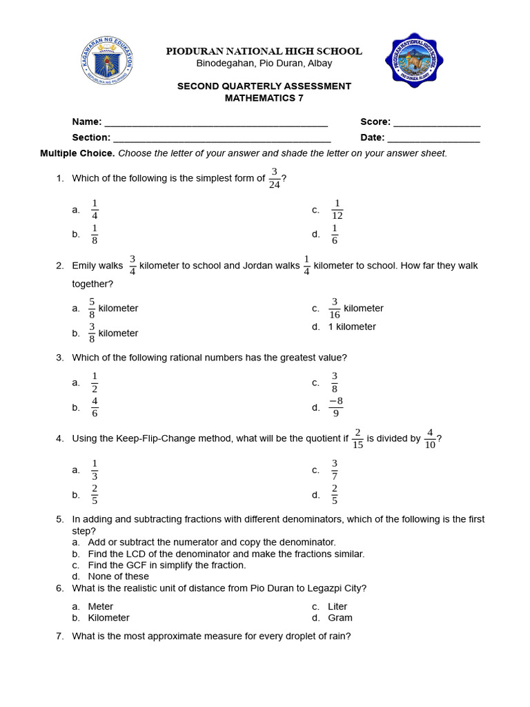 Second Quarter Exam Math 7 | PDF | Measurement | Volume