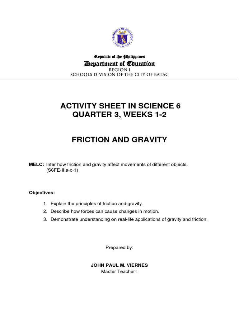 Sci6 Q3 As Wks1 2 Friction And Gravity Viernes Pdf