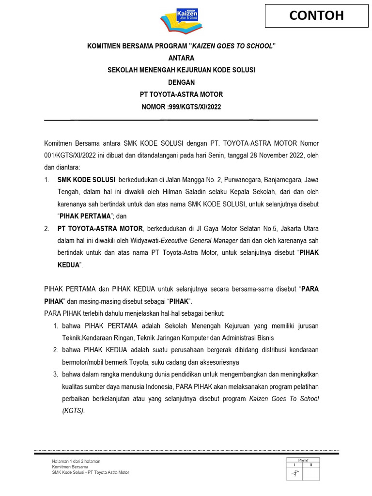 Contoh Surat Komitmen Bersama (Sekolah & Tam) | PDF