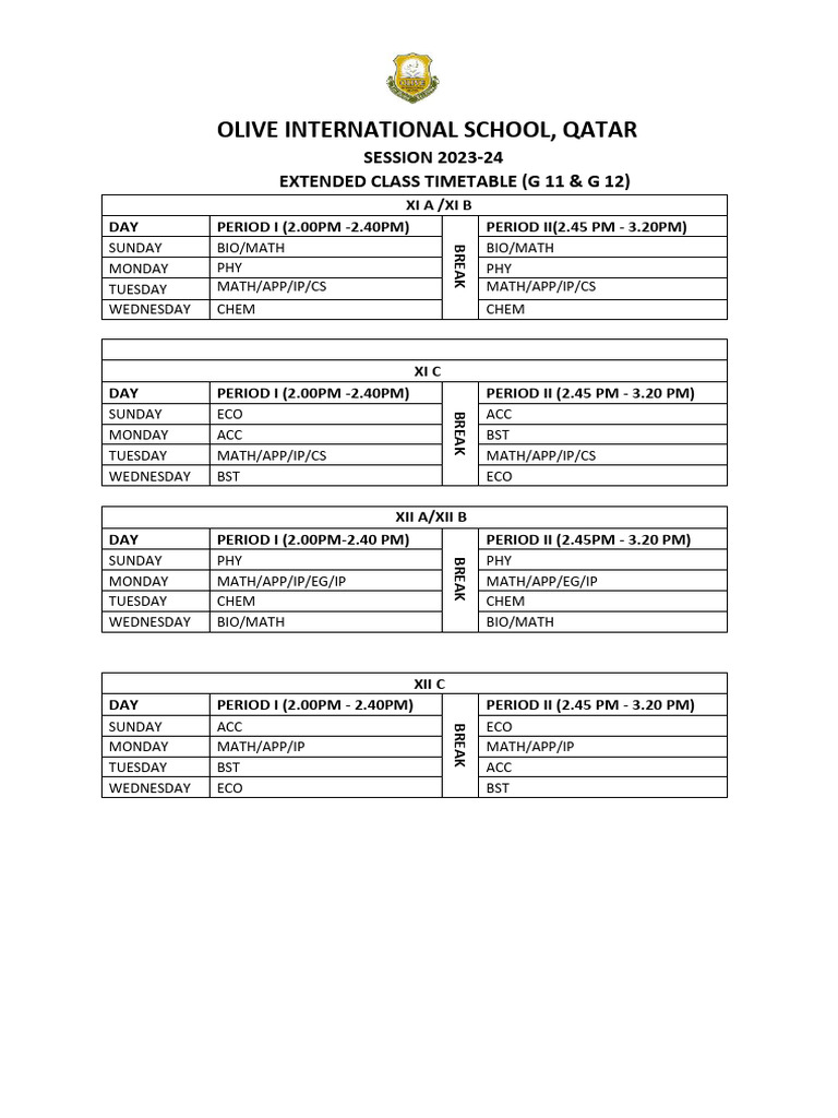 Olive International School Timetable 2023-24 | PDF