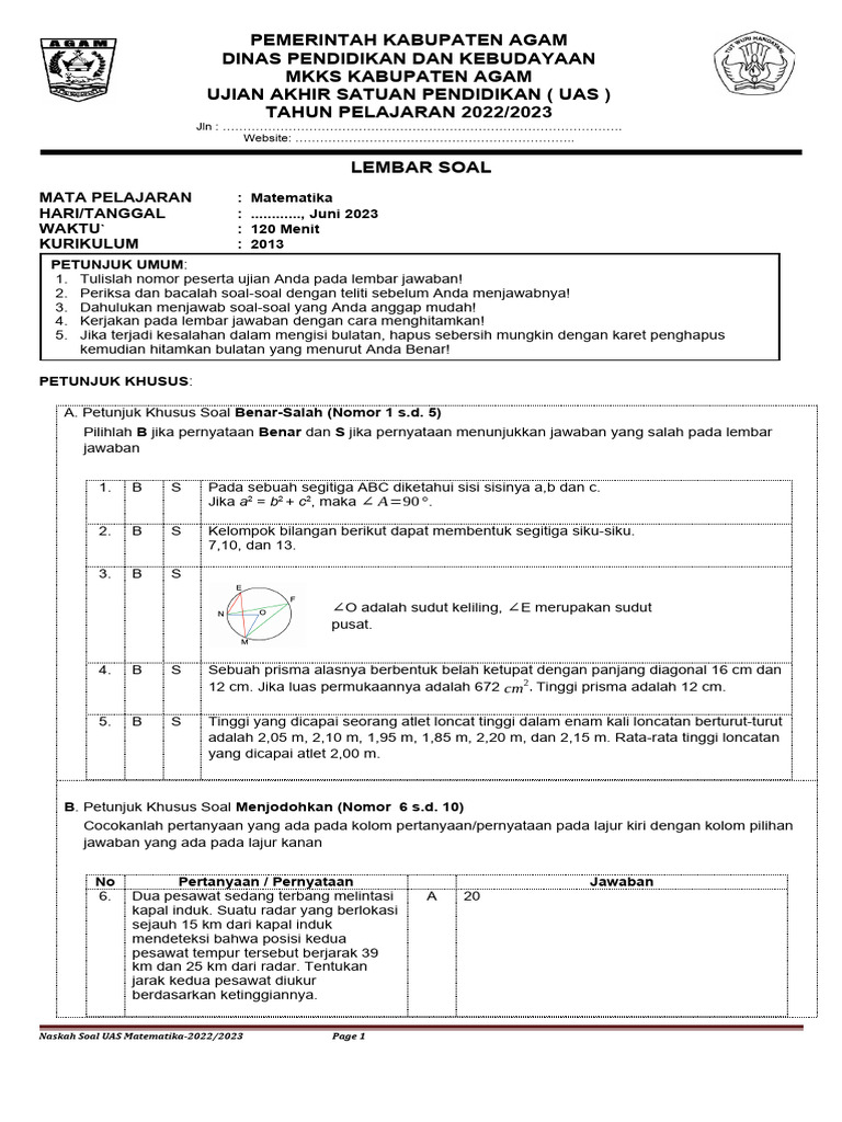 Soal Uas MTK 2023 | PDF