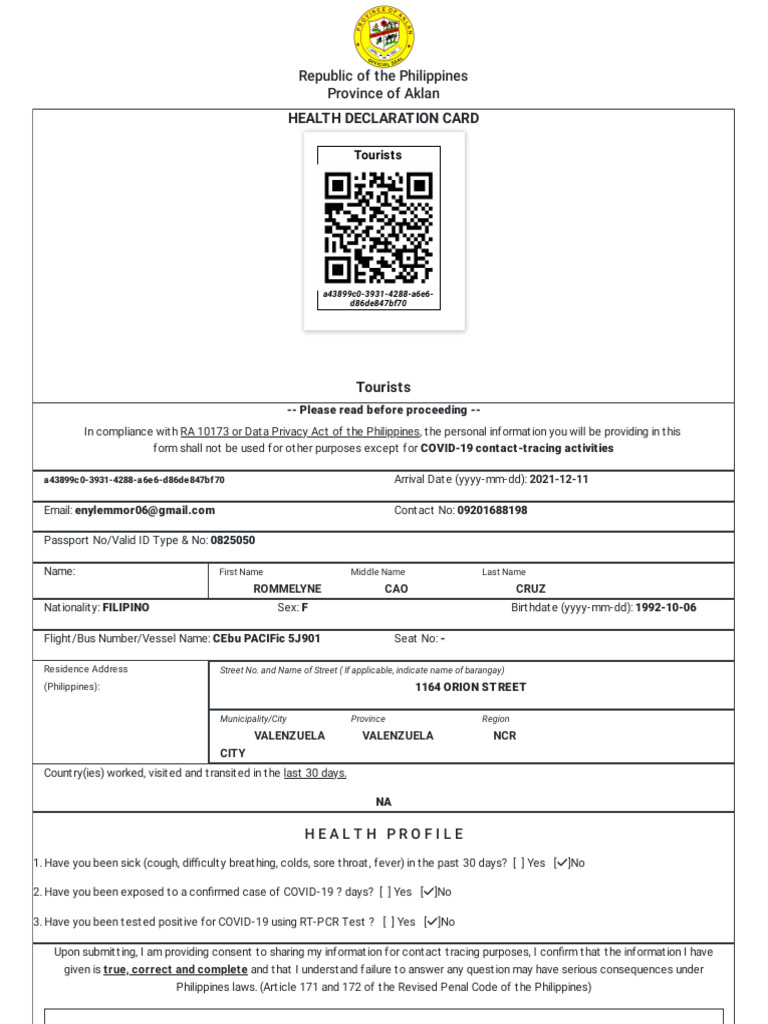 Aklan Health Declaration Card for Tourists | PDF | Government ...