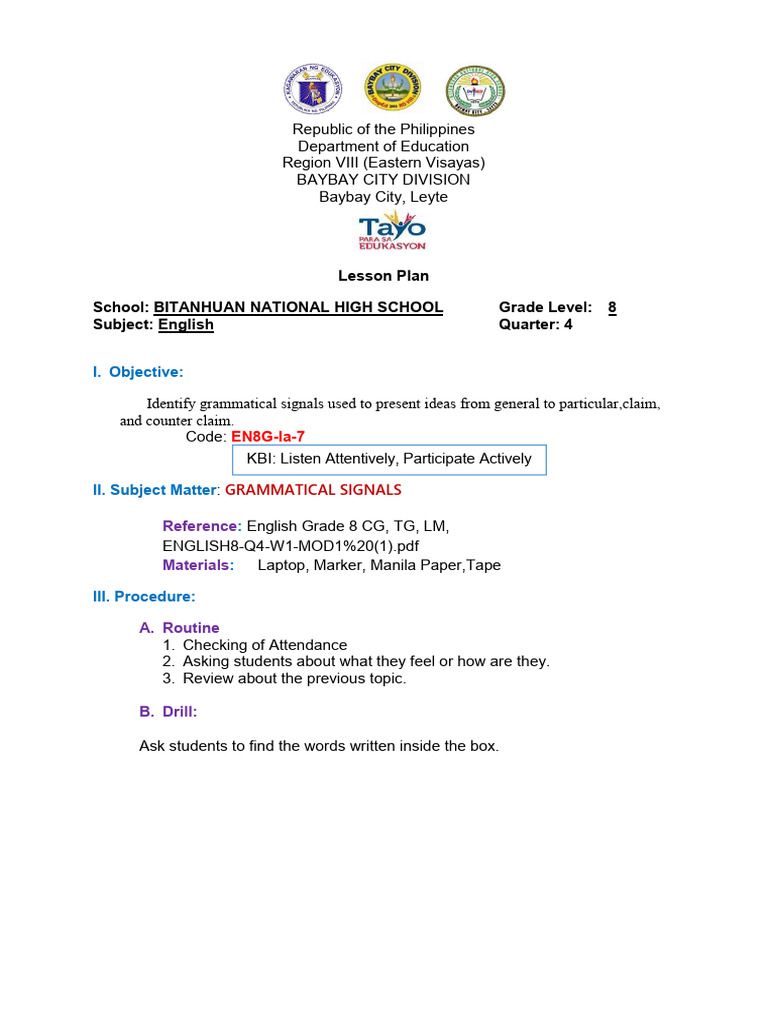 Lesson Plan Grammatical Signals | PDF | Word | Grammar