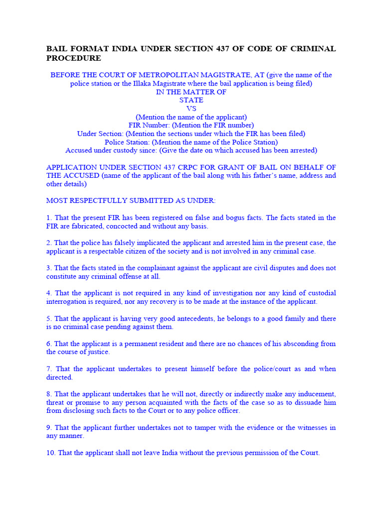 Bail Format India Under Section 437 of Code of Criminal Procedure ... Bail Format India Under Section 437 of Code of Criminal Procedure ...