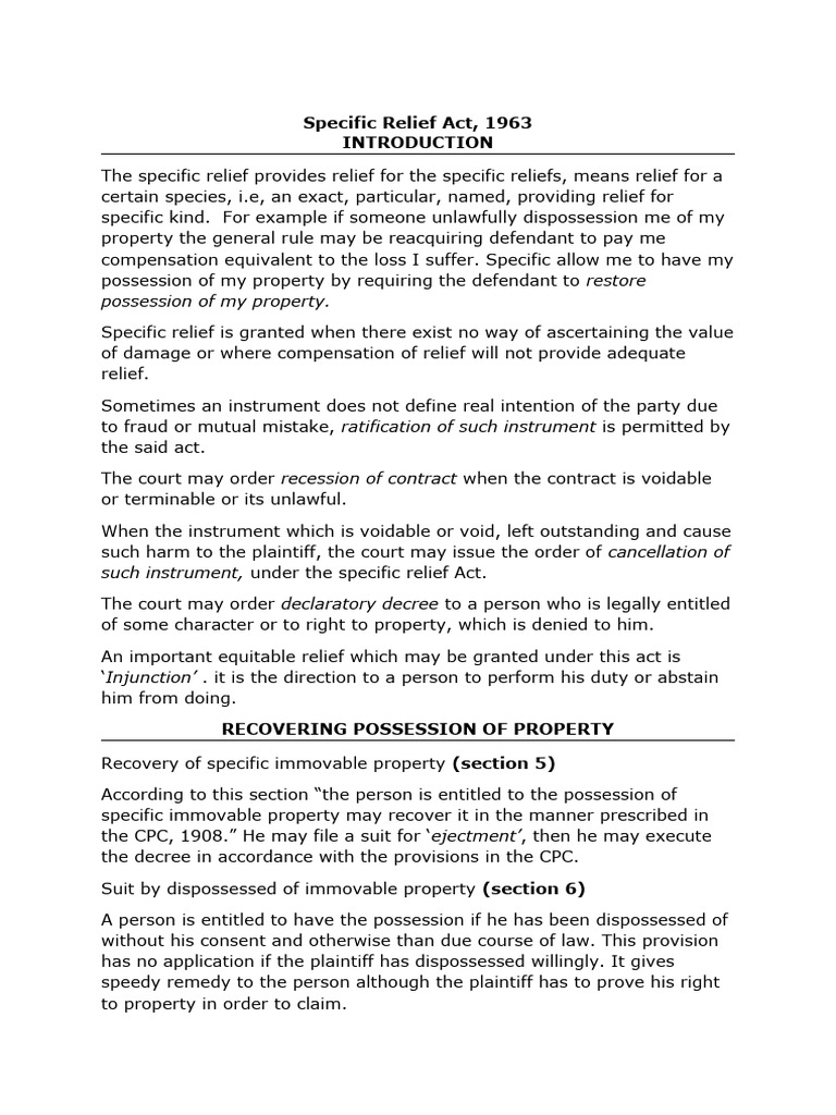Specific Relief Act Notes | PDF | Legal Remedy | Injunction