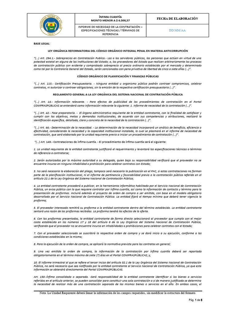 Informe de Necesidad de La Contratación - Especificaciones Técnicas ... Informe de Necesidad de La Contratación - Especificaciones Técnicas ...