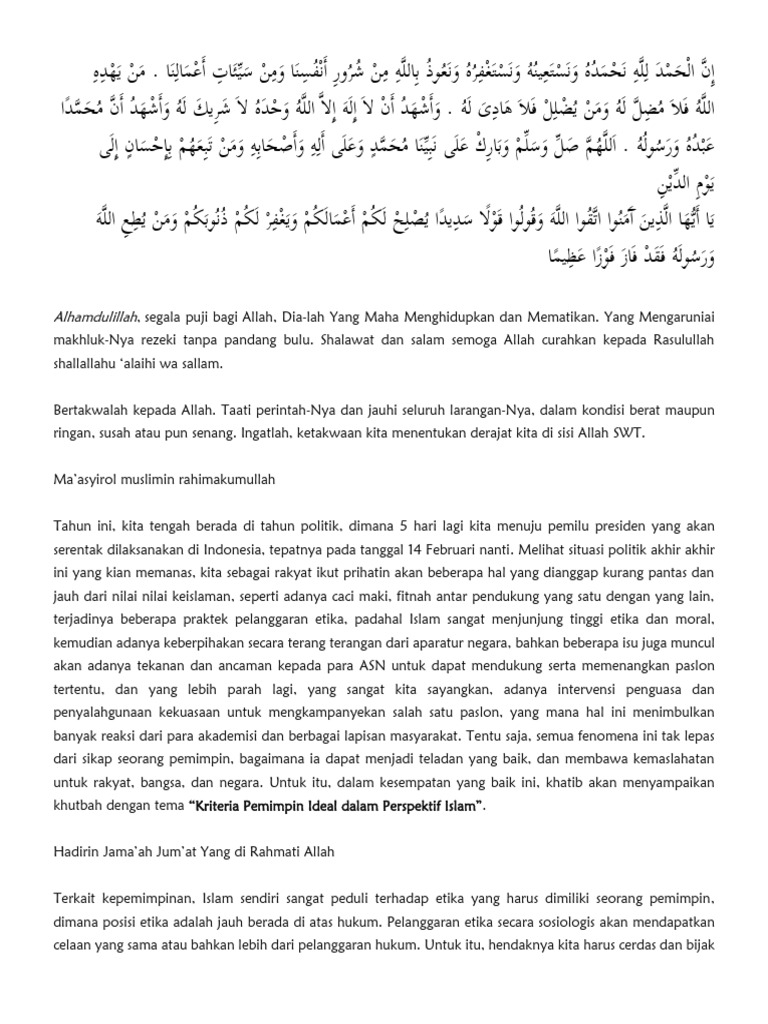 Khutbah Jum'at - Kriteria Pemimpin Ideal Dalam Perspektif Islam | PDF Khutbah Jum'at - Kriteria Pemimpin Ideal Dalam Perspektif Islam | PDF