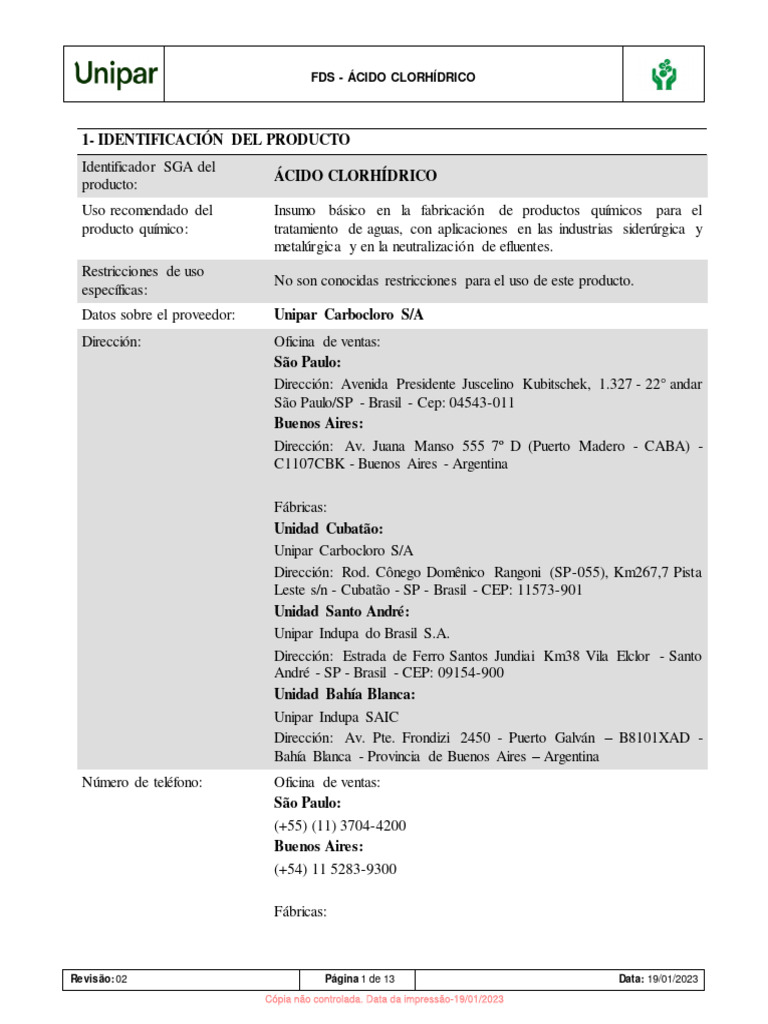 FDS Acido Clorhidrico | Descargar gratis PDF | Agua | Química