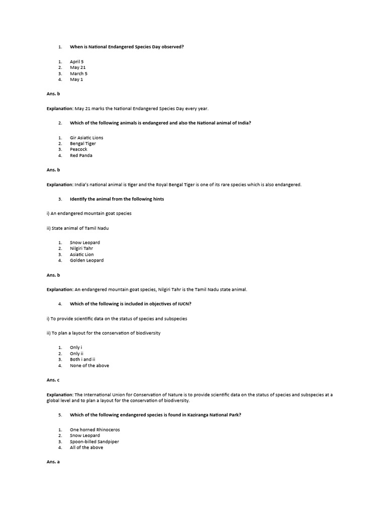 Endangered Species Quiz and Facts | PDF | Endangered Species | Tiger