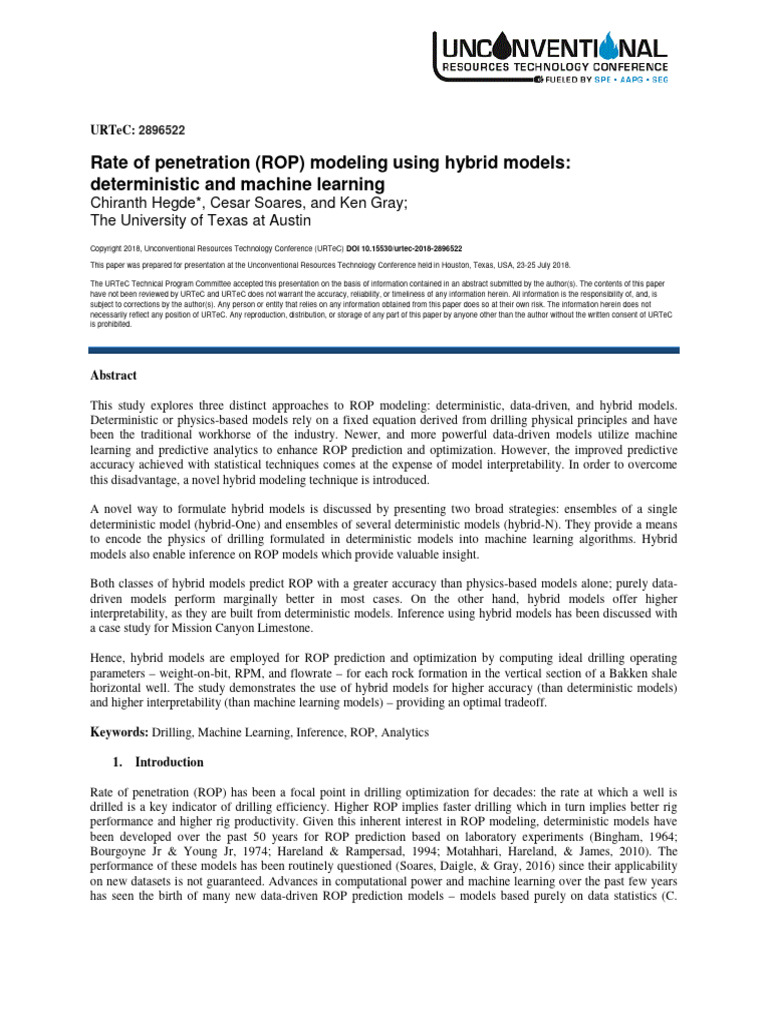 Rate of Penetration (ROP) Modeling Using Hybrid Models - Deterministic and Machine Learning ...