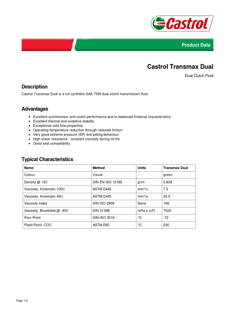 Castrol Transmax Dual Clutch Fluid Data | PDF | Viscosity | Physical ...