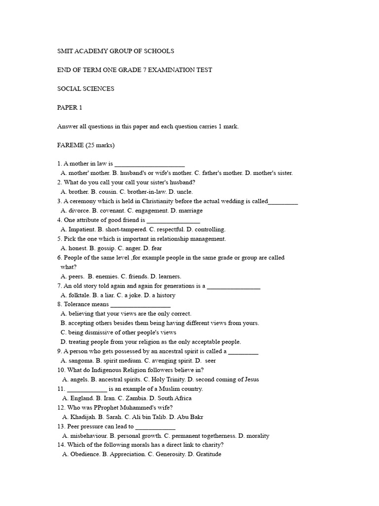 Grade 7 Social Science Exam Paper | PDF | Zimbabwe | Marriage