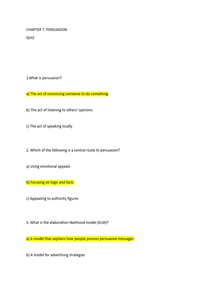 Chapter 7 Persuation Quiz | PDF | Persuasion | Social Psychology