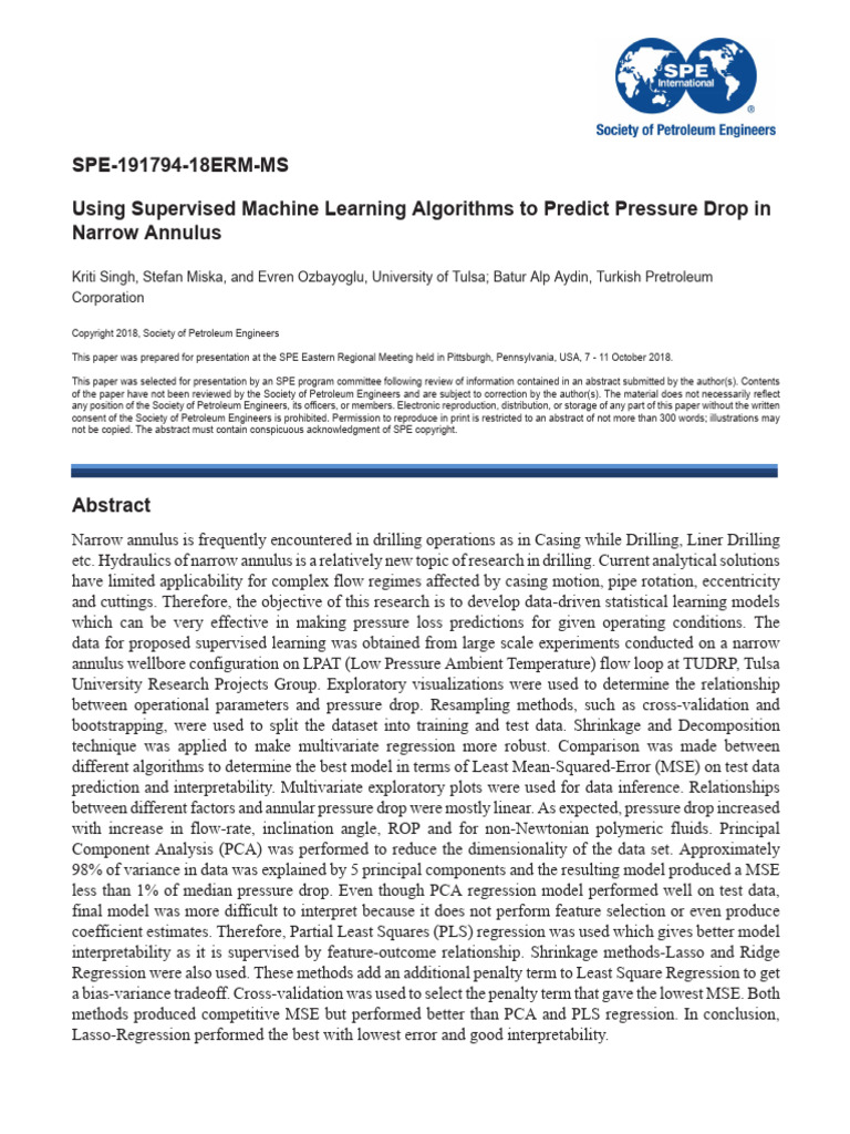 Using Supervised Machine Learning Algorithms To Predict Pressure Drop in Narrow Annulus | PDF ...