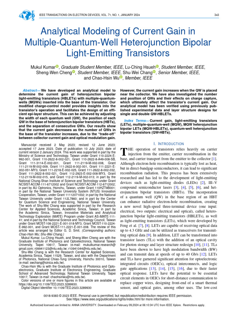 Analytical Modeling of Current Gain in Multiple-Quantum-Well Heterojunction Bipolar Light ...