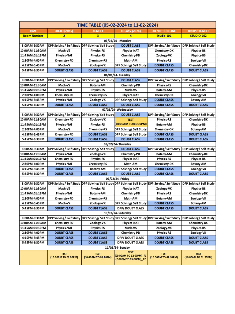 PW GURUKUL TIME TABLE (05-02-2024 To 11-02-2024) | PDF