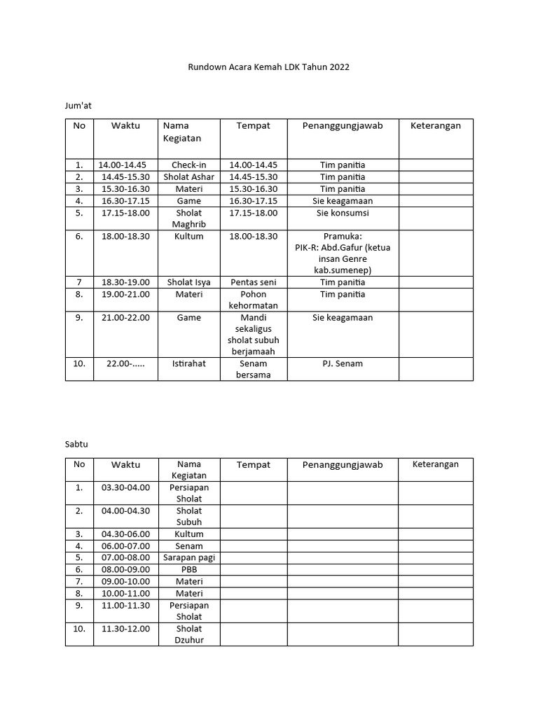 Rundown Acara Kemah LDK Tahun 2022 | PDF