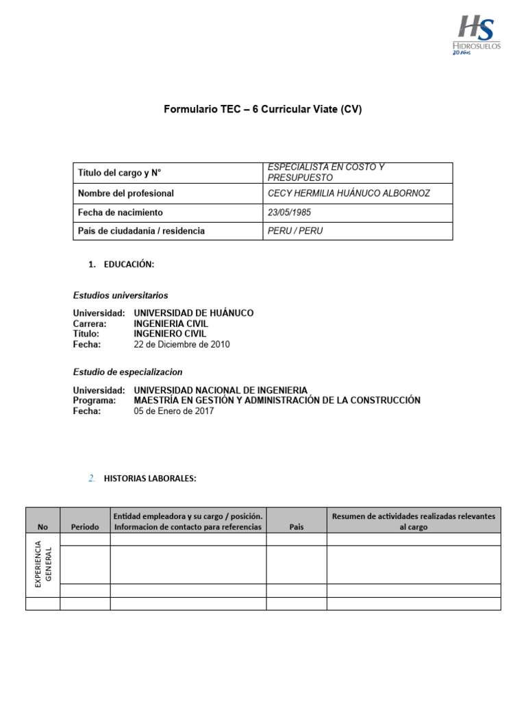 1.formulario Tec 6 CV - Costo y Presupuesto Cecy | PDF | Presupuesto