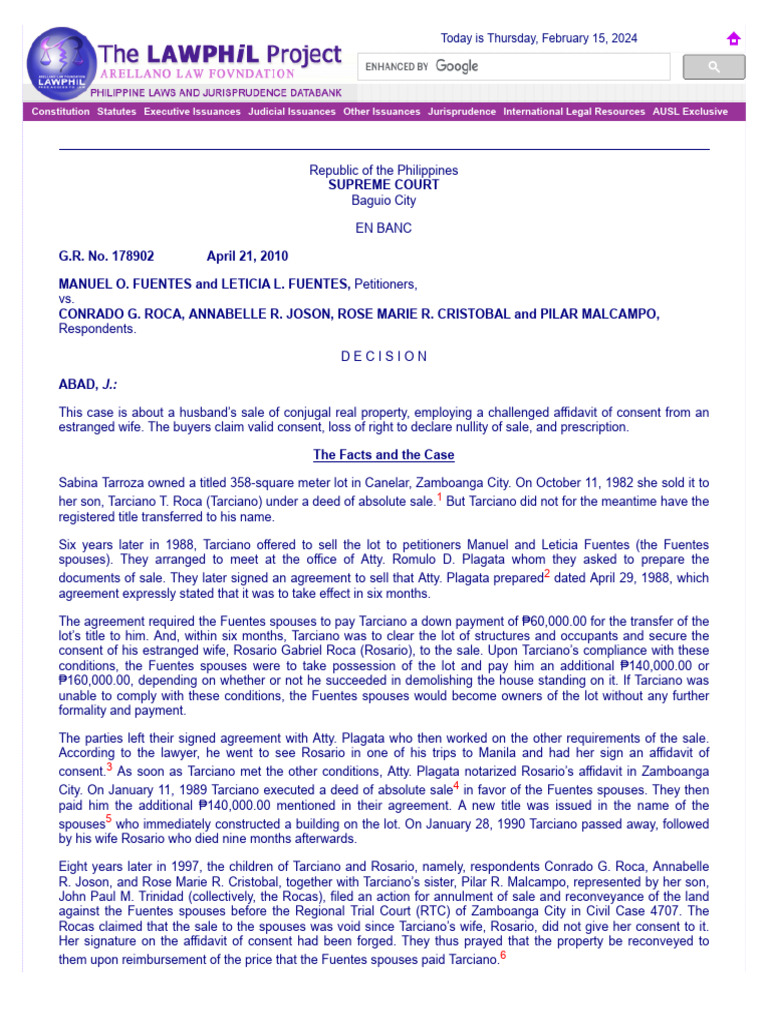 MANUEL O. FUENTES and LETICIA L. FUENTES, Petitioners, vs. CONRADO G ...