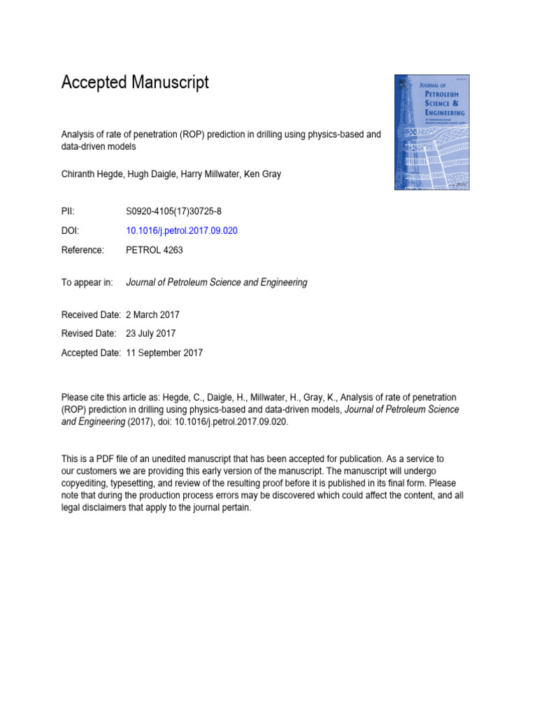 Analysis of Rate of Penetration (ROP) Prediction in Drilling Using ...