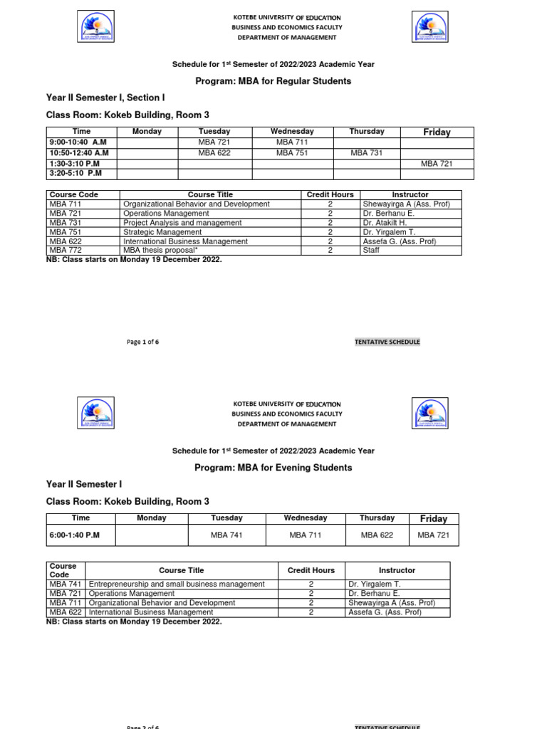 2 TENTATIVE MBA 2nd Year 1st Sem SCHEDULE 2022-23 | PDF | Master Of ...