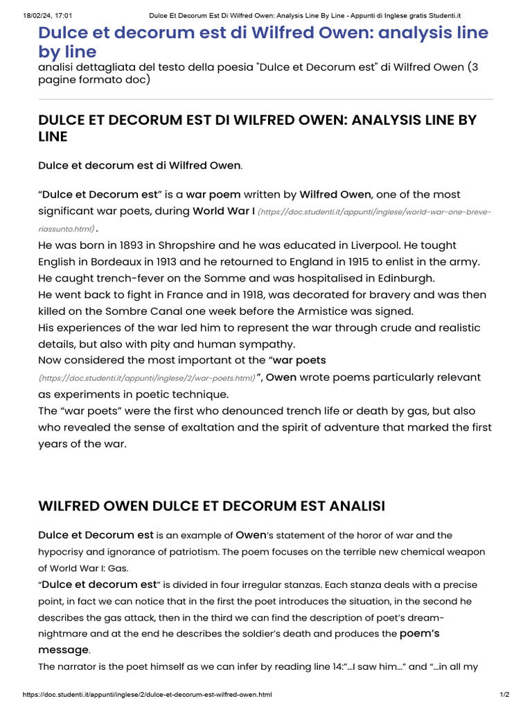 Dulce et Decorum Est: Line-by-Line Analysis | PDF | Poetry | Writing