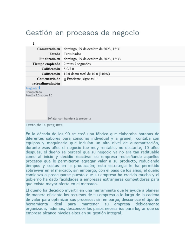 Gestión en Procesos de Negocio Autocalificable 1 | Descargar gratis PDF | Planificación de ...
