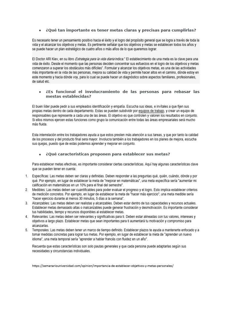 ¿Qué Tan Importante Es Tener Metas Claras y Precisas para Cumplirlas? | PDF