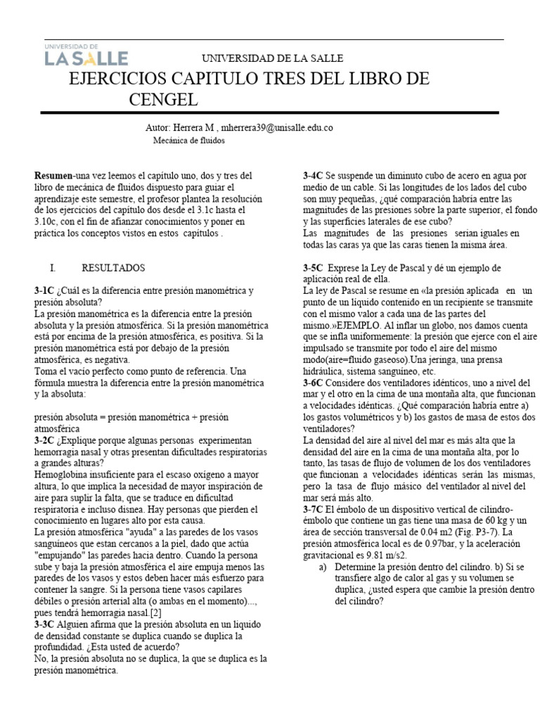 Ejercicios Capitulo 3 Libro de Cengel | PDF | Presión | Medida de presión