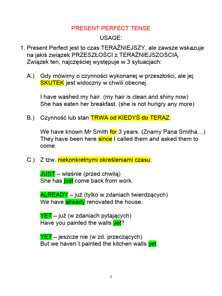 PRESENT PERFECT Tense - Explanation For Polish Students | PDF ...