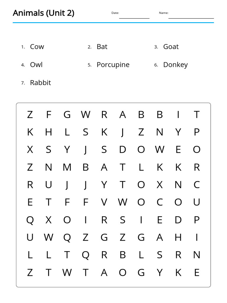 Animals Unit 2 Wordsearch | PDF