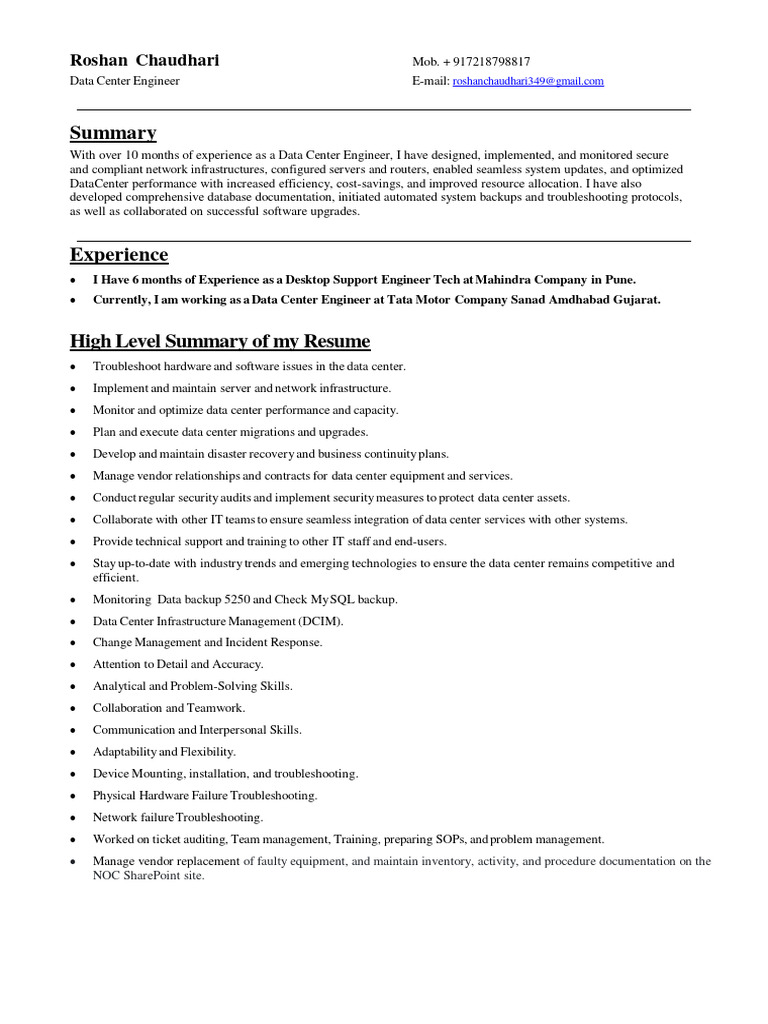 Roshan Chaudhari Resume Data Center Enginner. New | PDF | Data Center | Computing