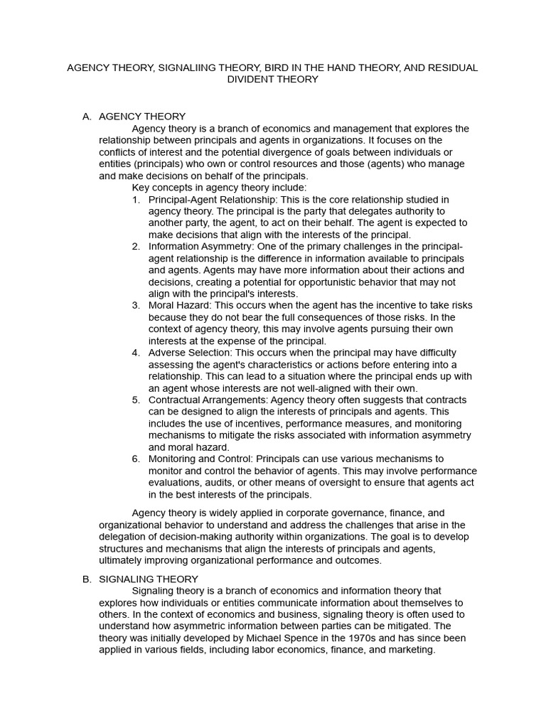 Agency Theory, Signaliing Theory, Bird in The Hand Theory, and Residual ...