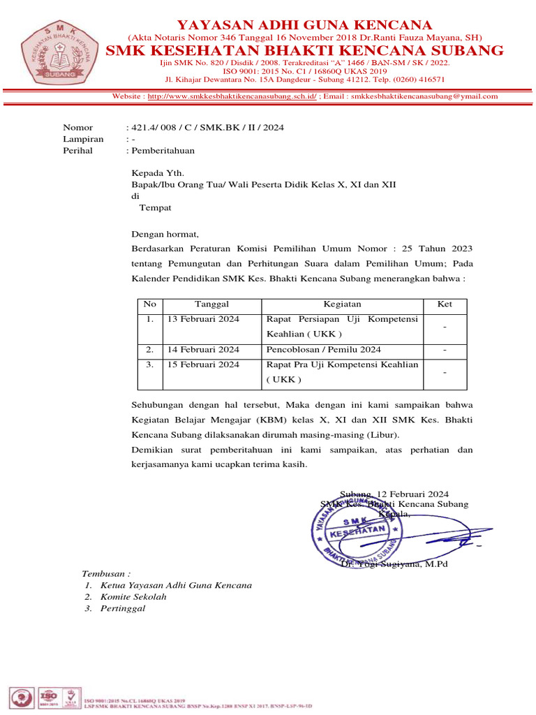 Pemberitahuan Libur KBM SMK Bhakti Kencana | PDF