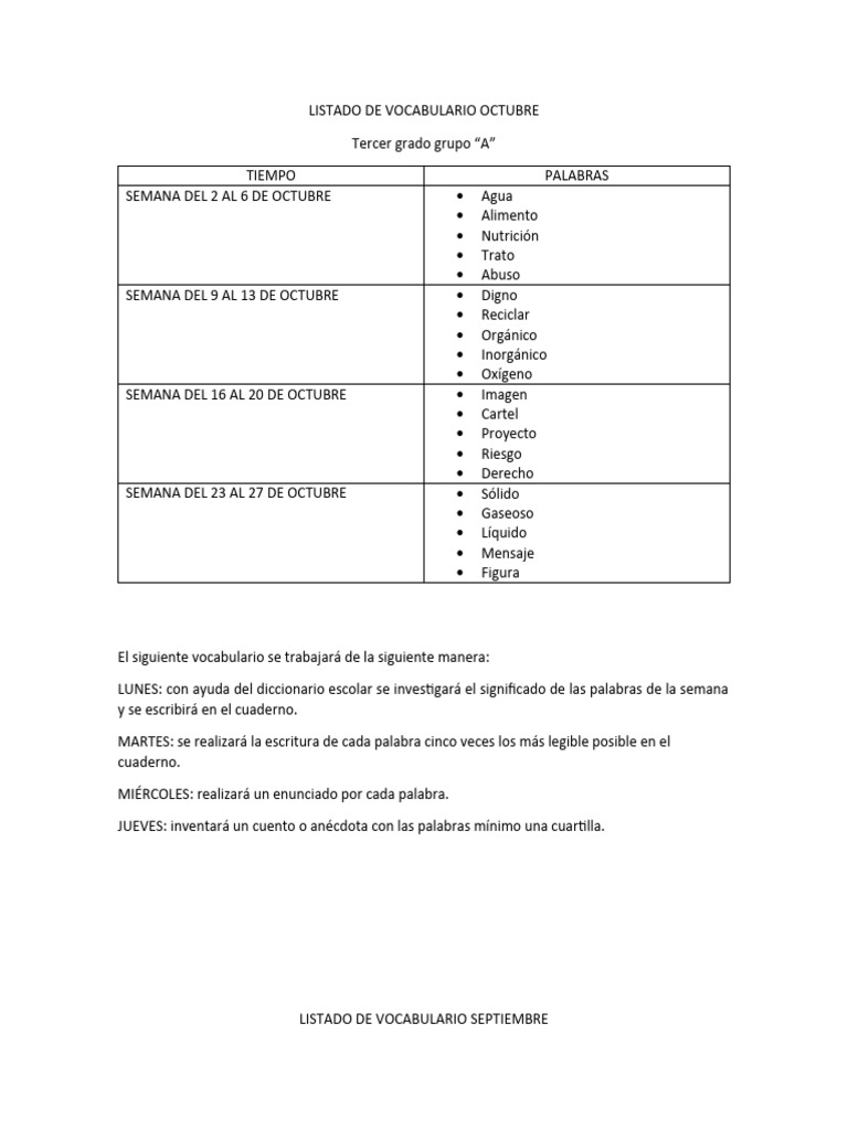 Vocabulario de Octubre para Tercer Grado | PDF