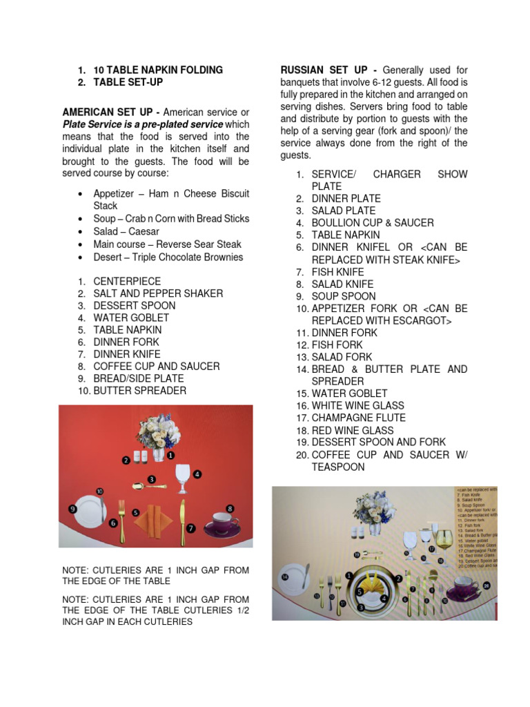 TESDA Table Setup Techniques | PDF | Tableware | Cuisine