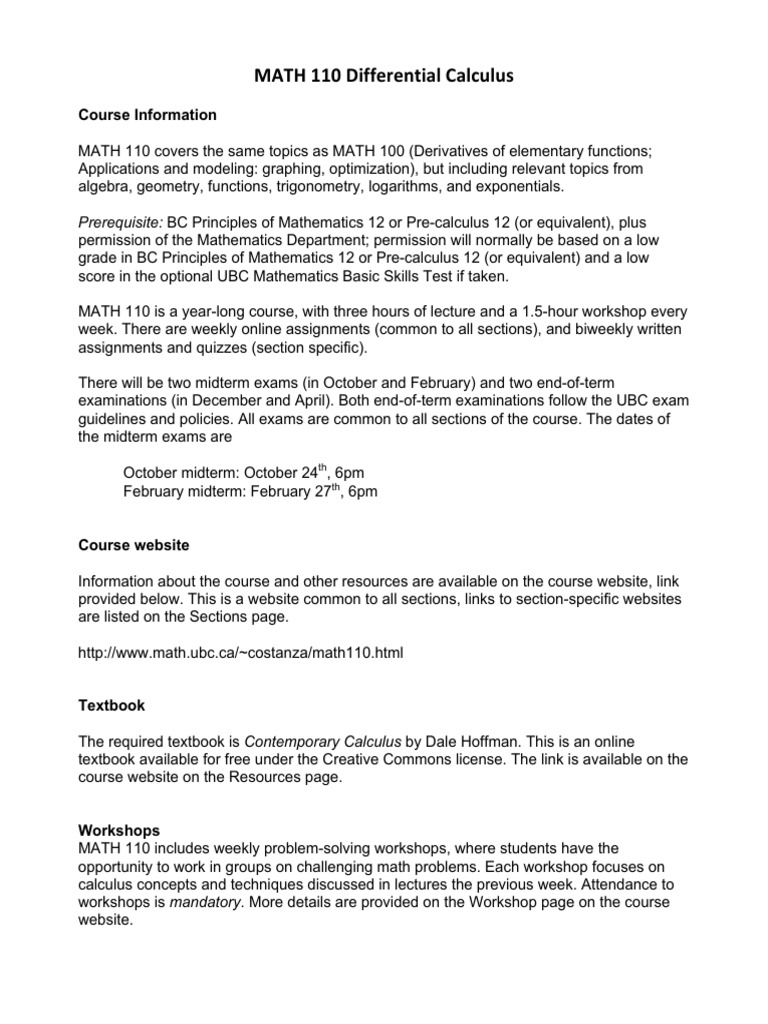 MATH110 Differential Calculus Syllabus | PDF | Mathematics | Derivative