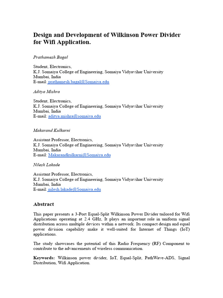 Design and Development of Wilkinson Power Divider For Wifi Application ...