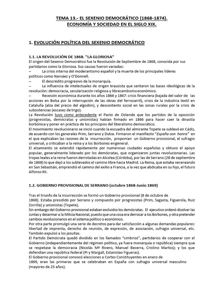 Tema 12 - El Sexenio Democratico | PDF | Gobierno | Teorías políticas