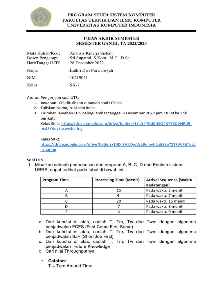 UTS Analisis Kinerja Sistem Komputer | PDF | Metode & Bahan Ajar