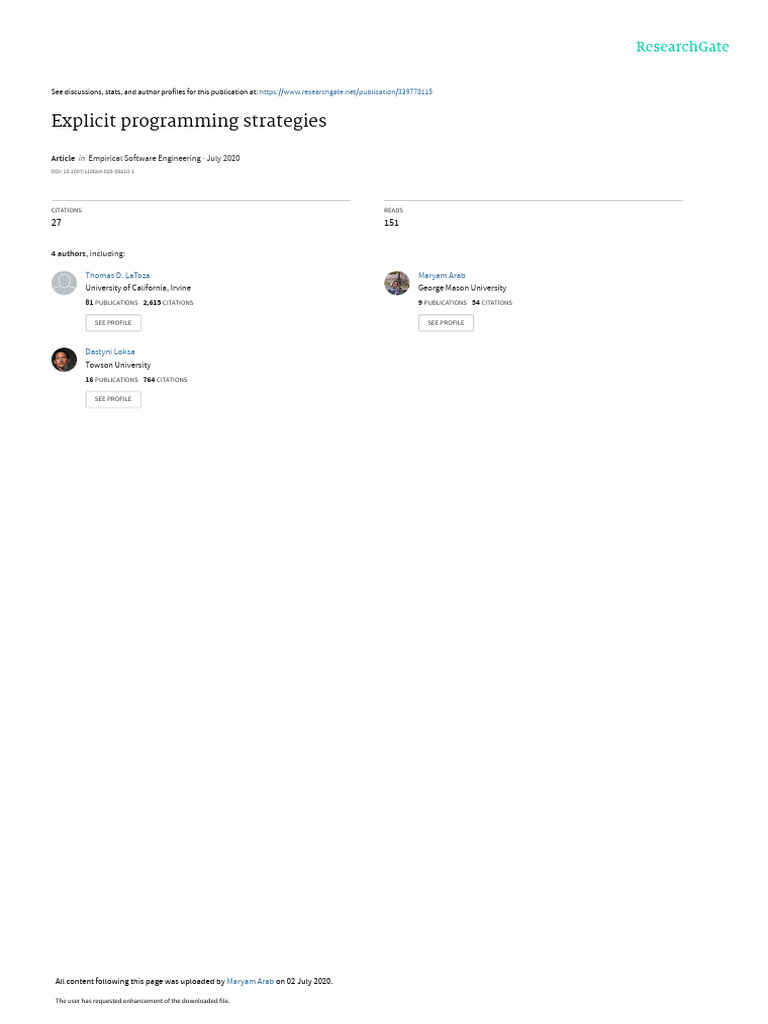 Explicit Programming Strategies: Empirical Software Engineering July 2020 | PDF | Computer ...