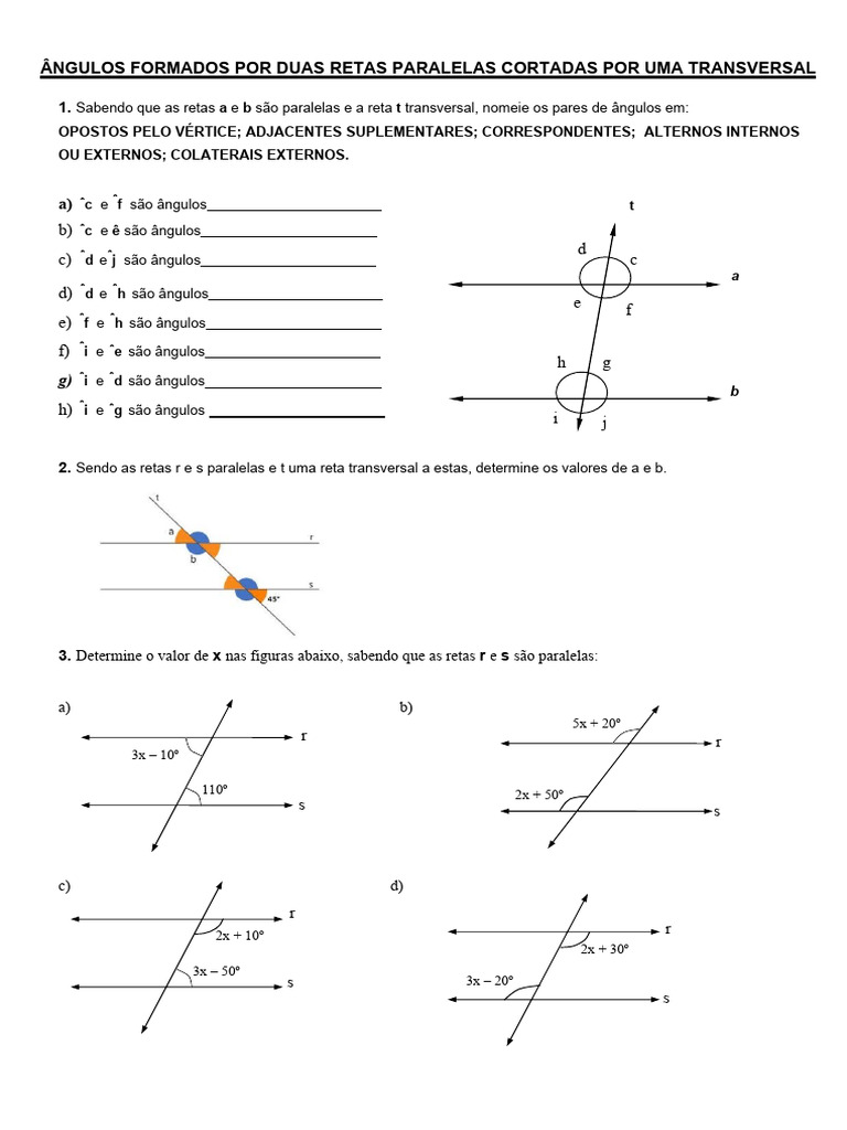 Exercícios Retas Paralelas Intersectadas Por Uma Transversal | PDF ...